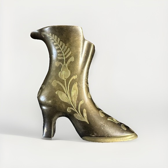 Accents | Vintage Brass Engraved Victorian Boot Vase Pen Holder 4 Inch ...
